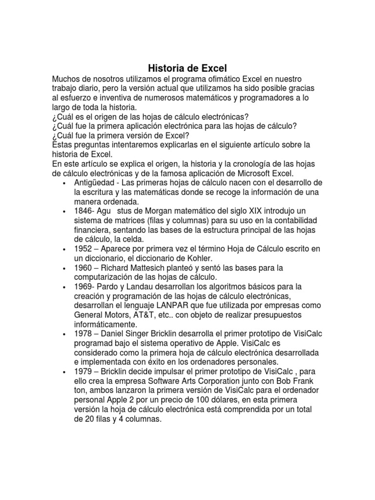 Historia de Excel | PDF | Microsoft Excel | Hoja de cálculo