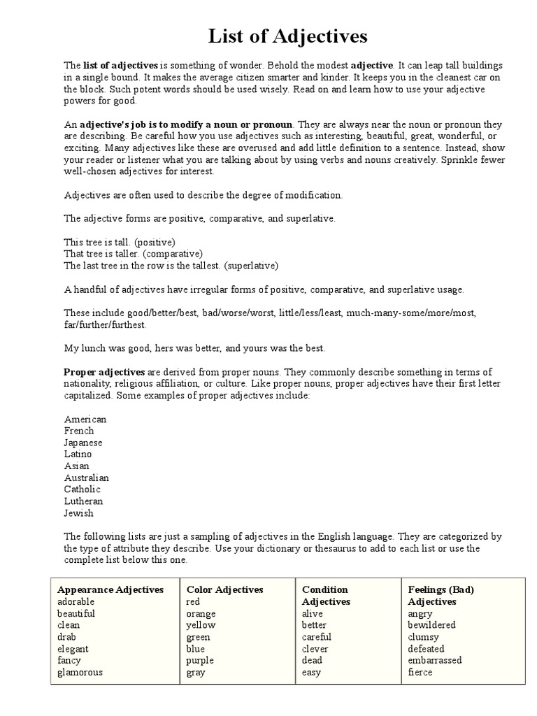 List of Adjectives | PDF | Adjective | Grammar