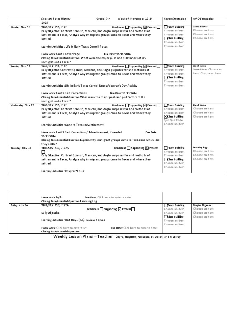 Texas History Lesson Plans Ss2 Wk6 11-10-14-2014 | PDF | Homework ...