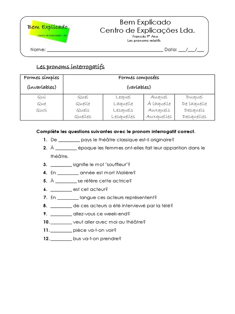1 - Ficha de Trabalho - Les Pronoms Interrogatifs | PDF