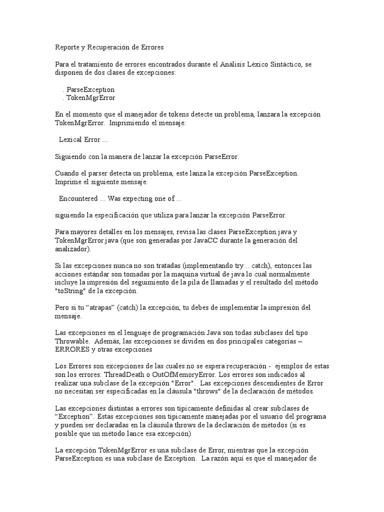 Manejo de Errores en JavaCC | PDF | Java (lenguaje de programación) | Programación de computadoras