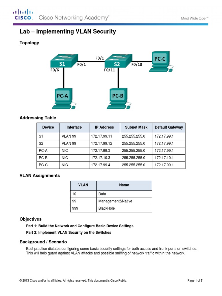 3.3.2.2 Lab - Implementing VLAN Security | PDF | Network Switch | Computer Network