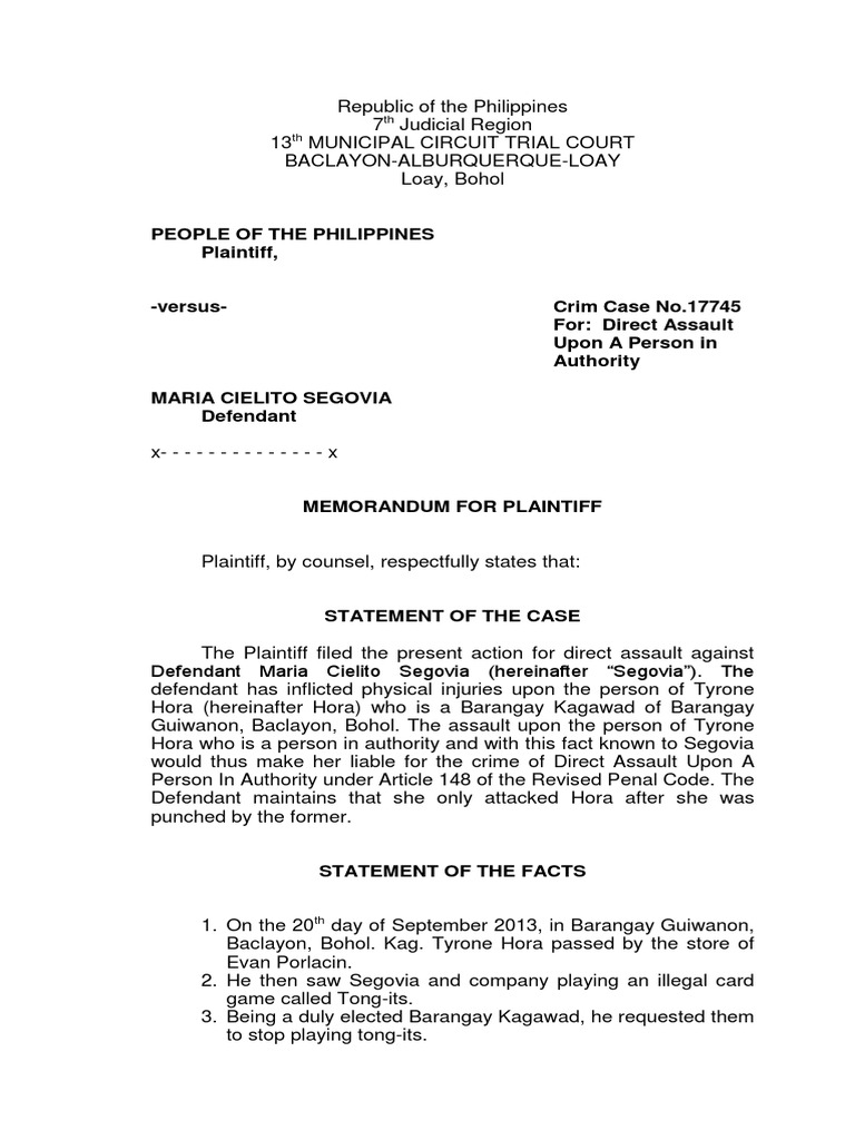 Trial Memorandum Prac Court | Assault | Crimes | Free 30-day Trial | Scribd