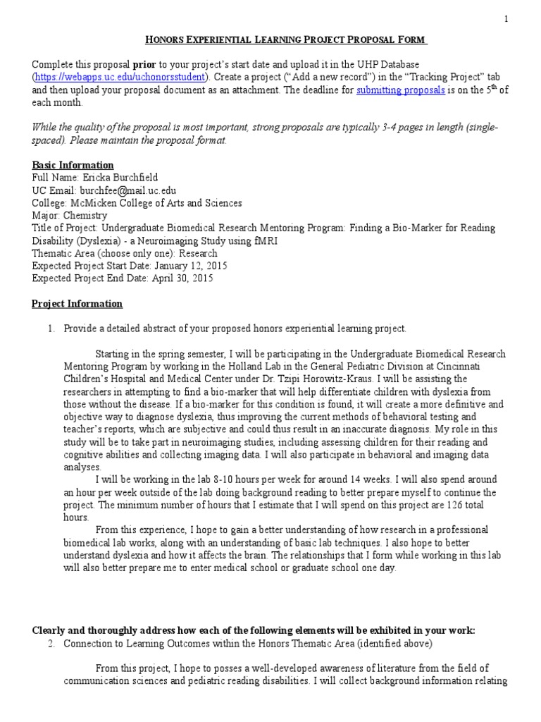 Honors Proposal: Dyslexia Biomarker Research | PDF | Dyslexia | Mentorship