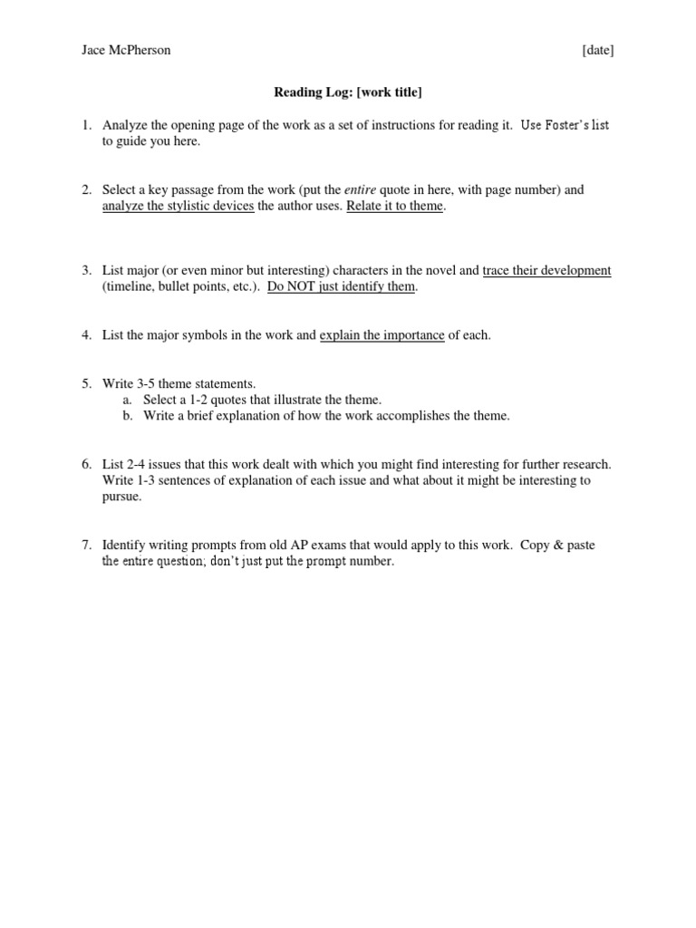AP Literature Reading Log Template | PDF