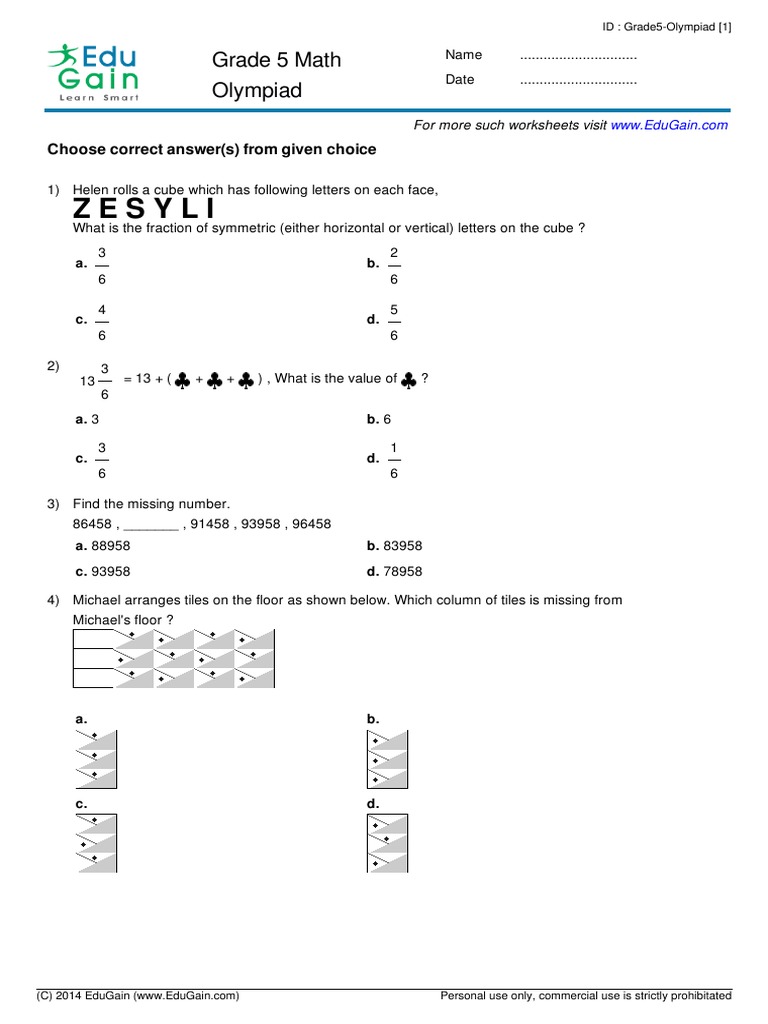 Zesyli: Grade 5 Math Olympiad | PDF