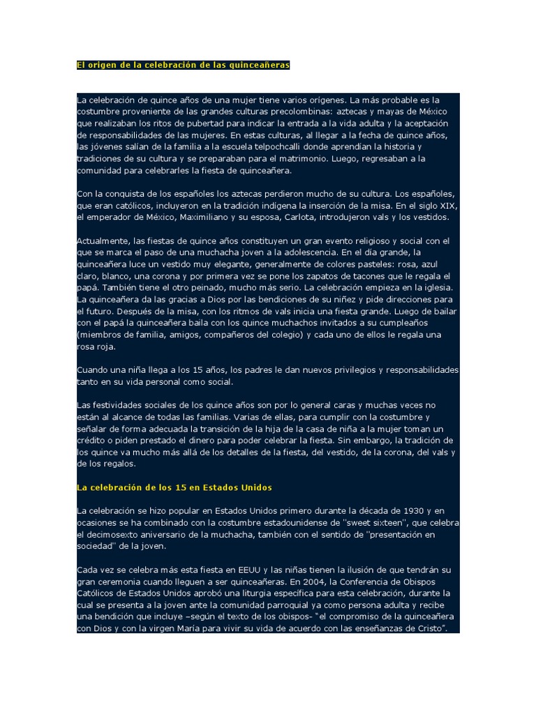 El Origen de La Celebración de Las Quinceañeras Reseña | PDF | Rituales ...