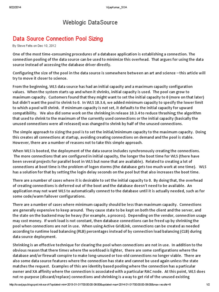 Data Source Connection Pool Sizing Weblogic Datasource Pdf Load Balancing Computing