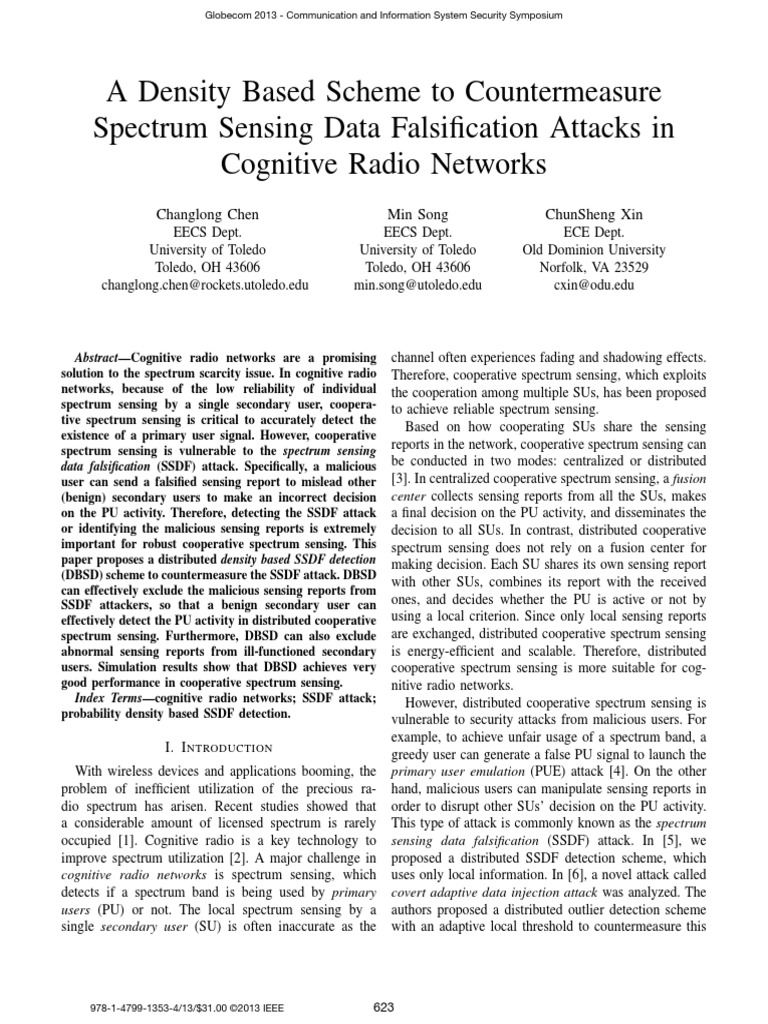 A Density Based Scheme To Countermeasure Spectrum Sensing Data Falsification Attacks In