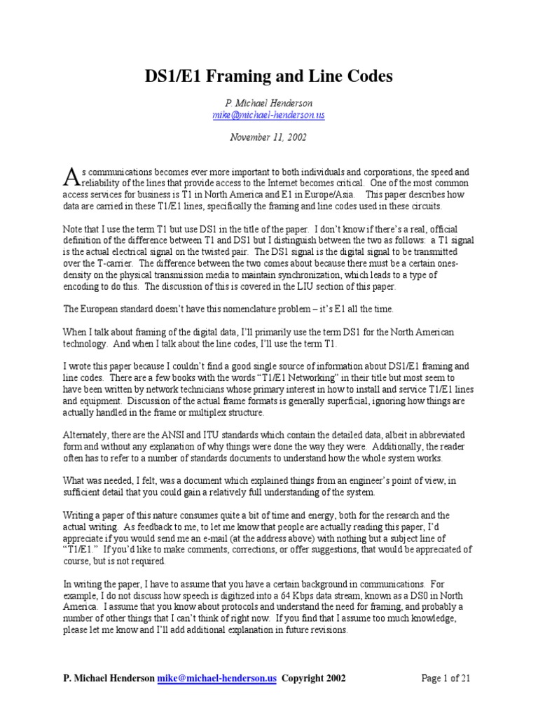 DS1/E1 Framing and Line Codes: Mike@michael-Henderson - Us | PDF ...