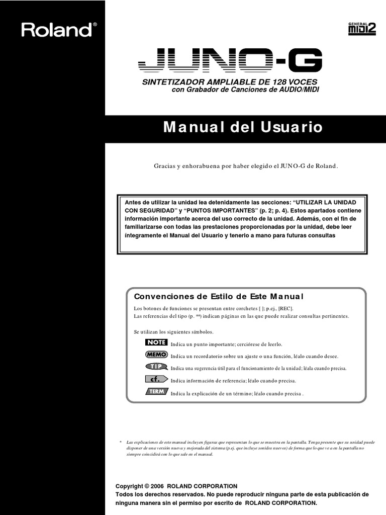 Manual Telclado Roland JUNO-G | PDF | Sintetizador | Enchufes y tomas de corriente alterna