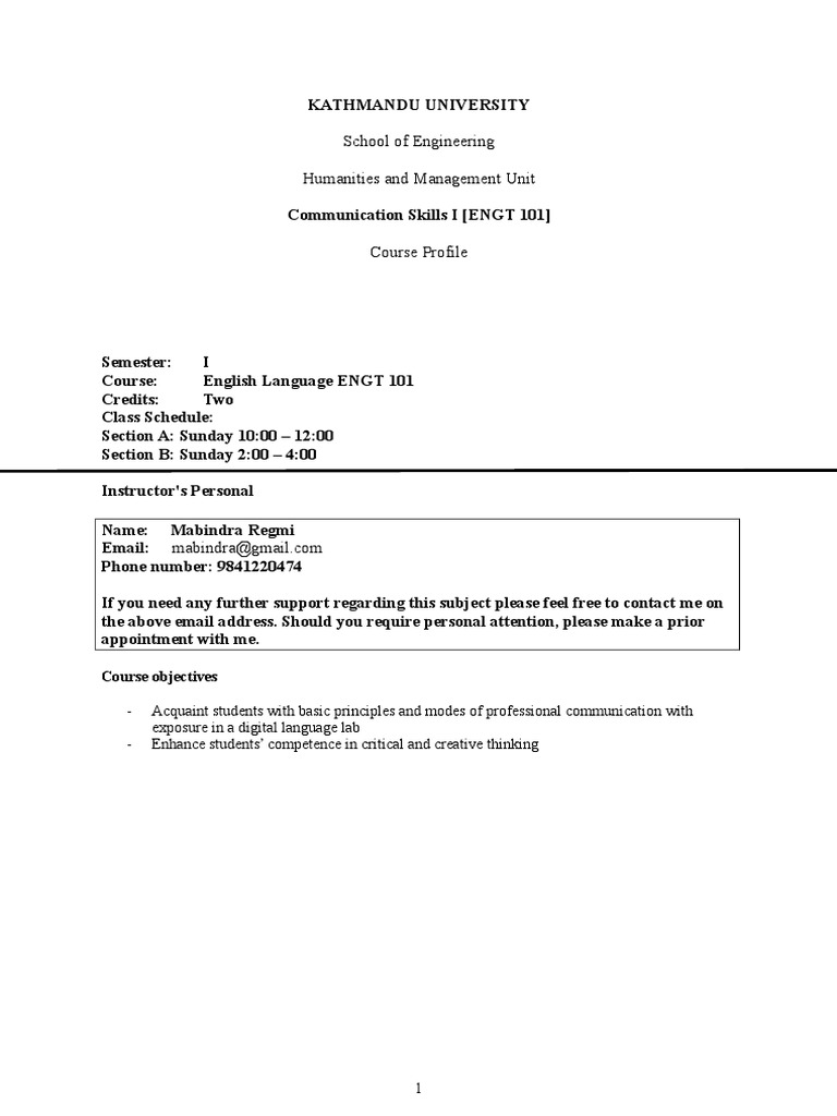Course Profile Engt 101 Pdf Test Assessment Communication