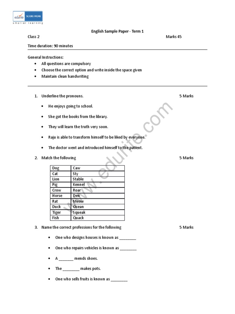 Class 2 ICSE English Sample Paper Term 1 | PDF | Language Arts & Discipline