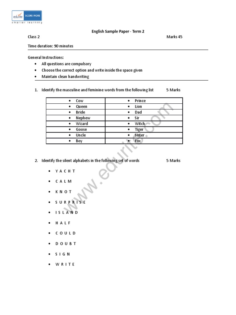 Class 2 ICSE English Sample Paper Term 2 | PDF