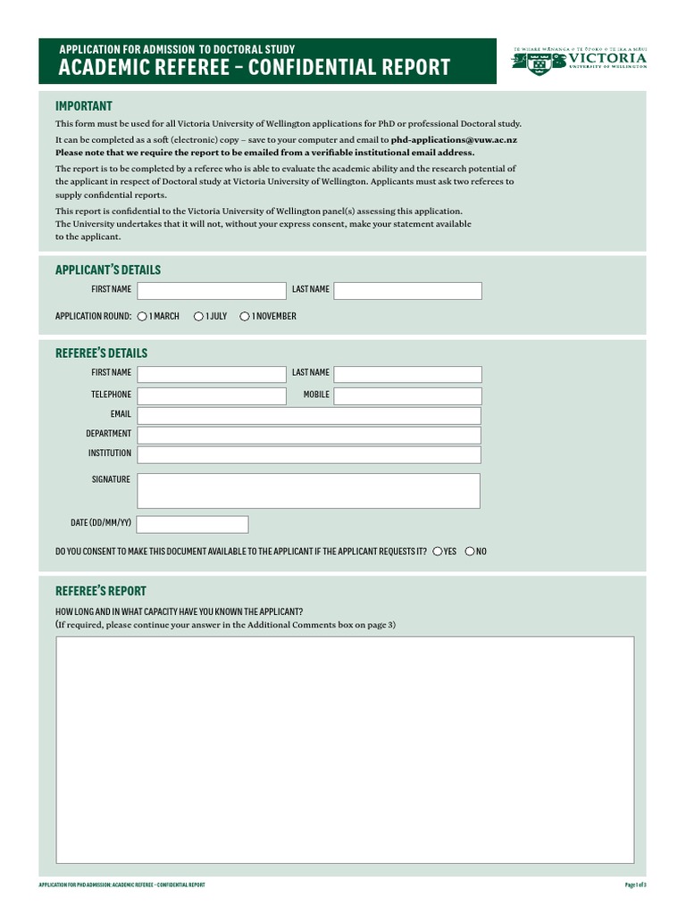 Referees Report Fillable | Doctor Of Philosophy | Postgraduate Education