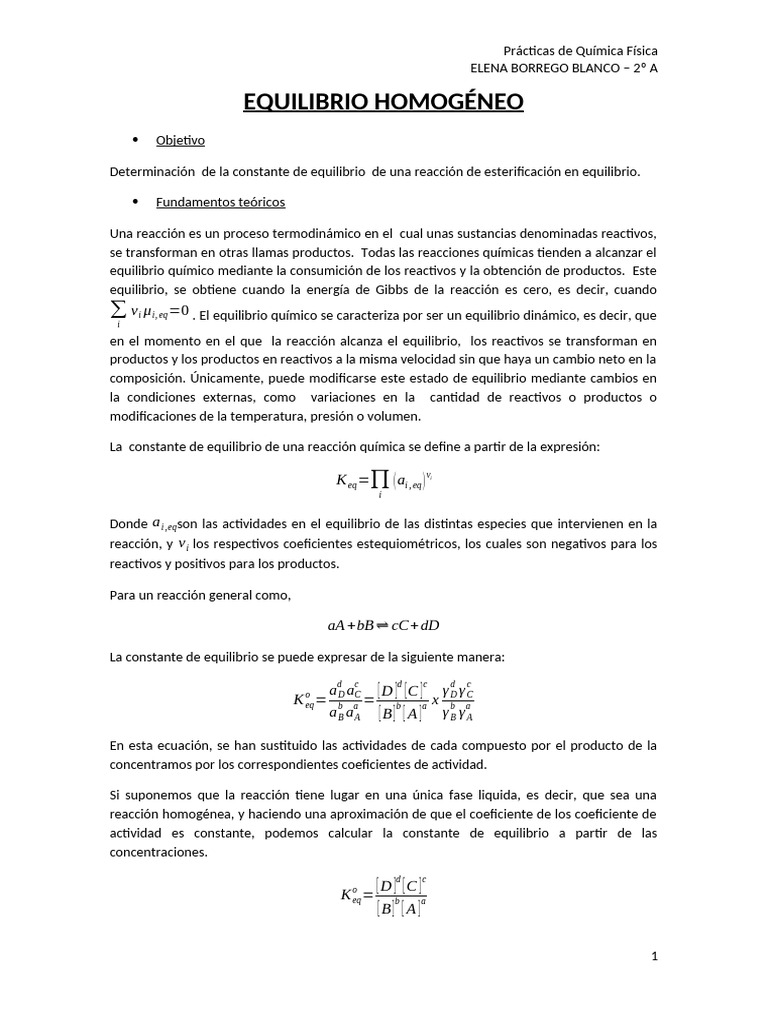 EQUILIBRIO HOMOGÉNEO | PDF | Equilibrio químico | Reacciones químicas
