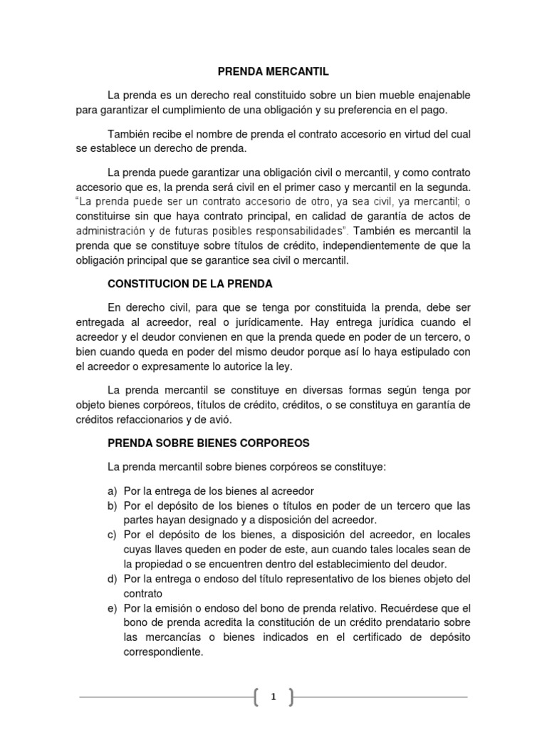 Contrato de Prenda Mercantil: Conceptos Clave | PDF