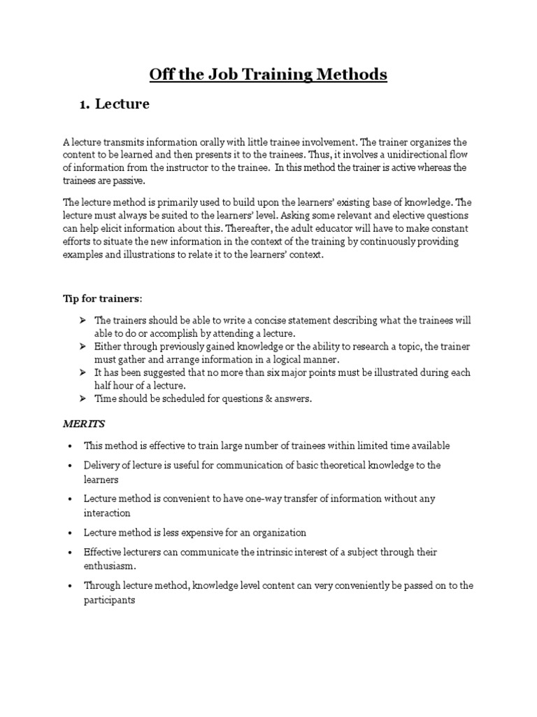 Off the Job Training Methods Explained | PDF | Lecture | Learning