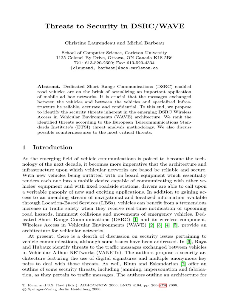 Threats To Security in DSRC/WAVE: Abstract. Dedicated Short Range ...
