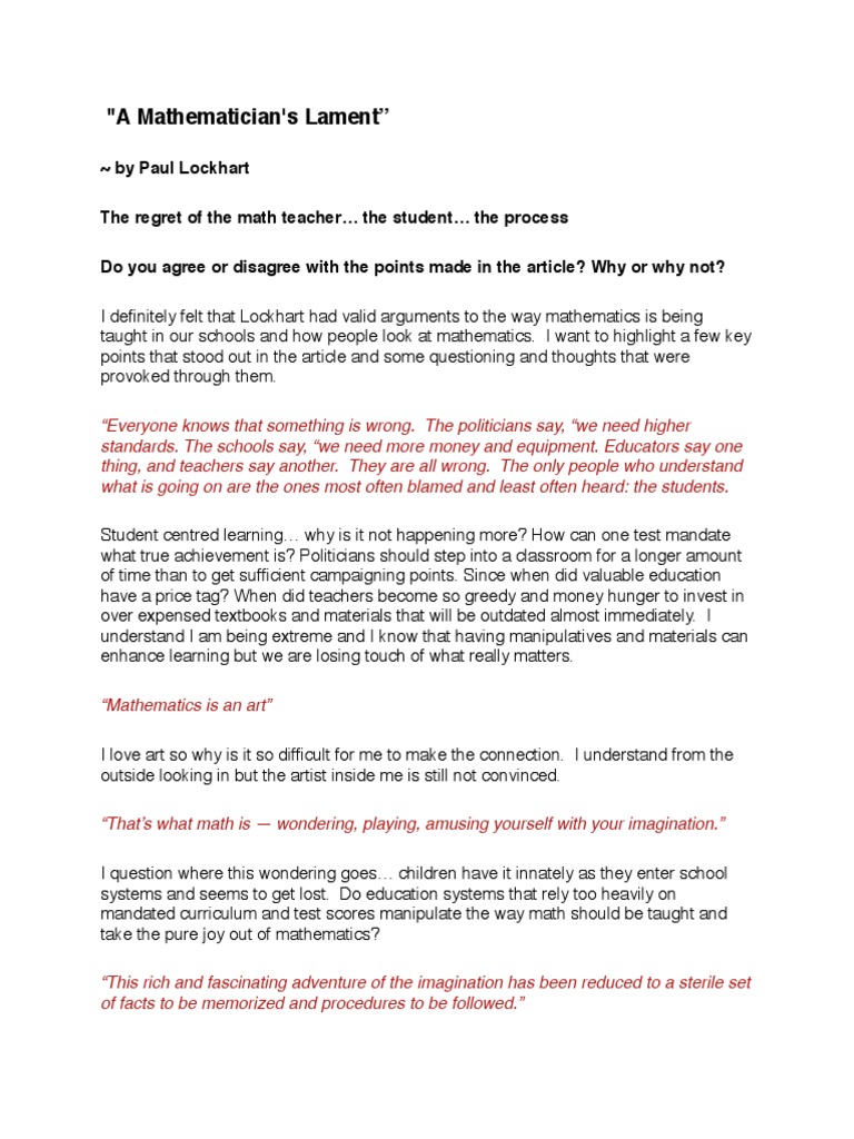 A Mathematician's Lament | PDF | Teaching Mathematics | Curriculum