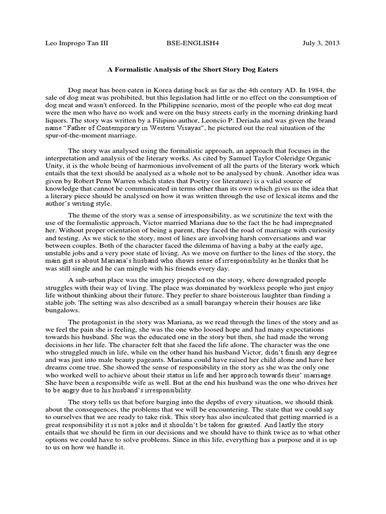 A Formalistic Analysis of The Short Story Dog Eaters | PDF