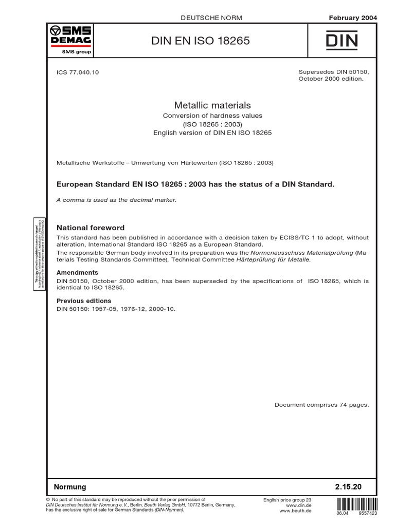 Convertion of Hardness Values DIN en ISO 18265 | Metrology | Reference