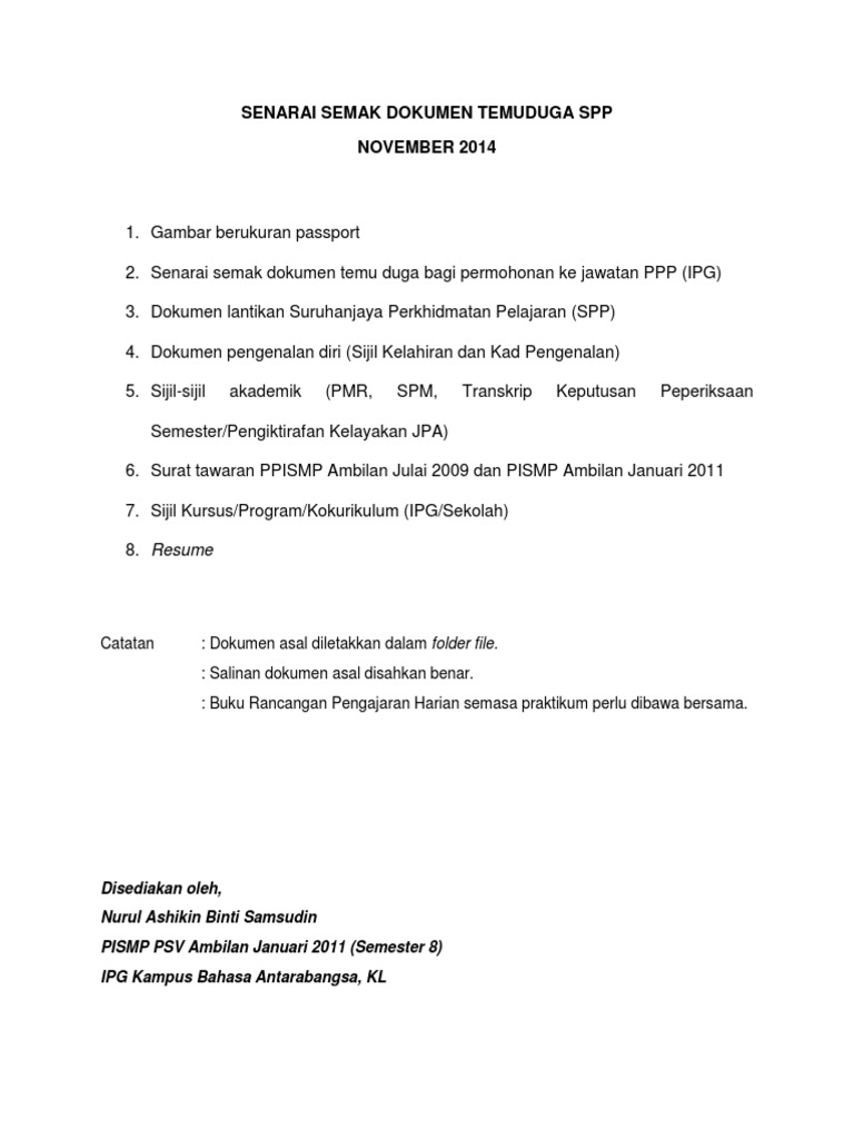 Senarai Semak Salinan Dokumen Temuduga SPP | PDF