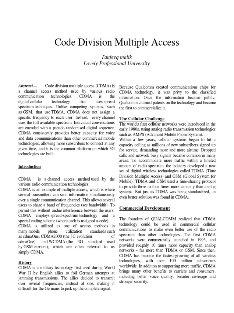 Term Paper On CDMA | PDF | Code Division Multiple Access | Channel Access Method