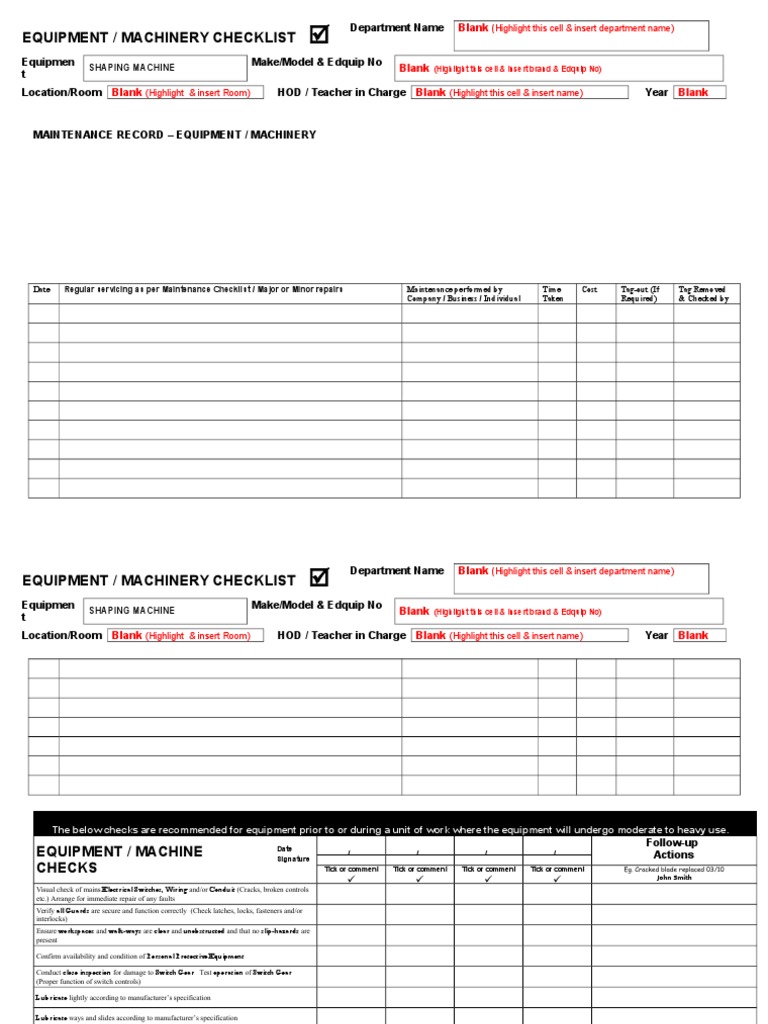 Equipment / Machinery Checklist: Blank | PDF | Machine (Mechanical ...