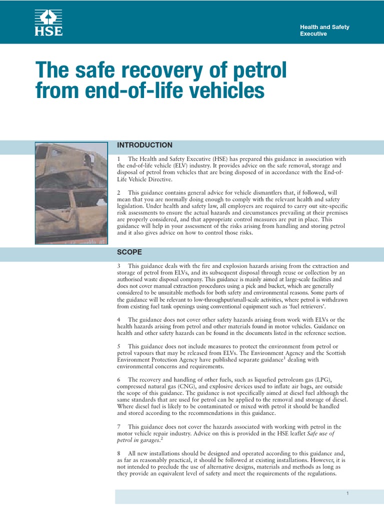 The Safe Recovery of Petrol From End of Life Vehicles | PDF | Gasoline ...