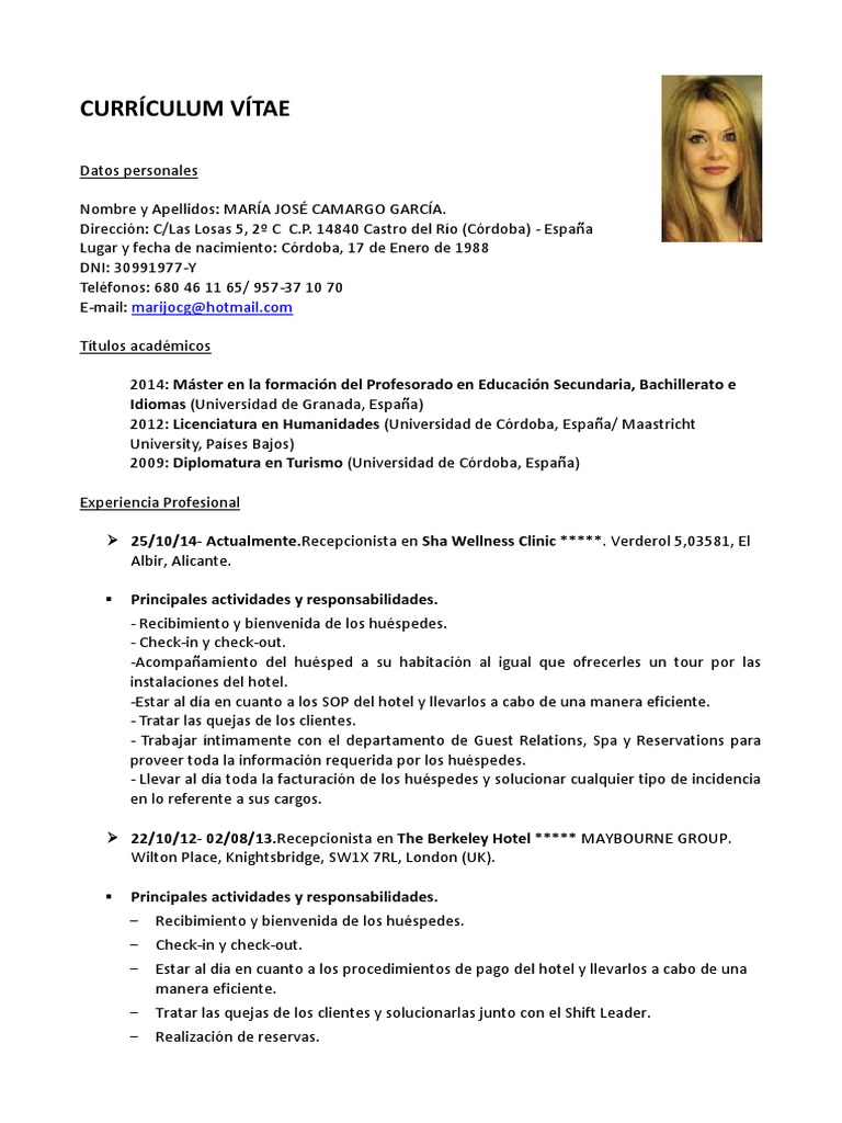 CV Completo Maria Jose Camargo | PDF | Hotel | Industrias de servicio