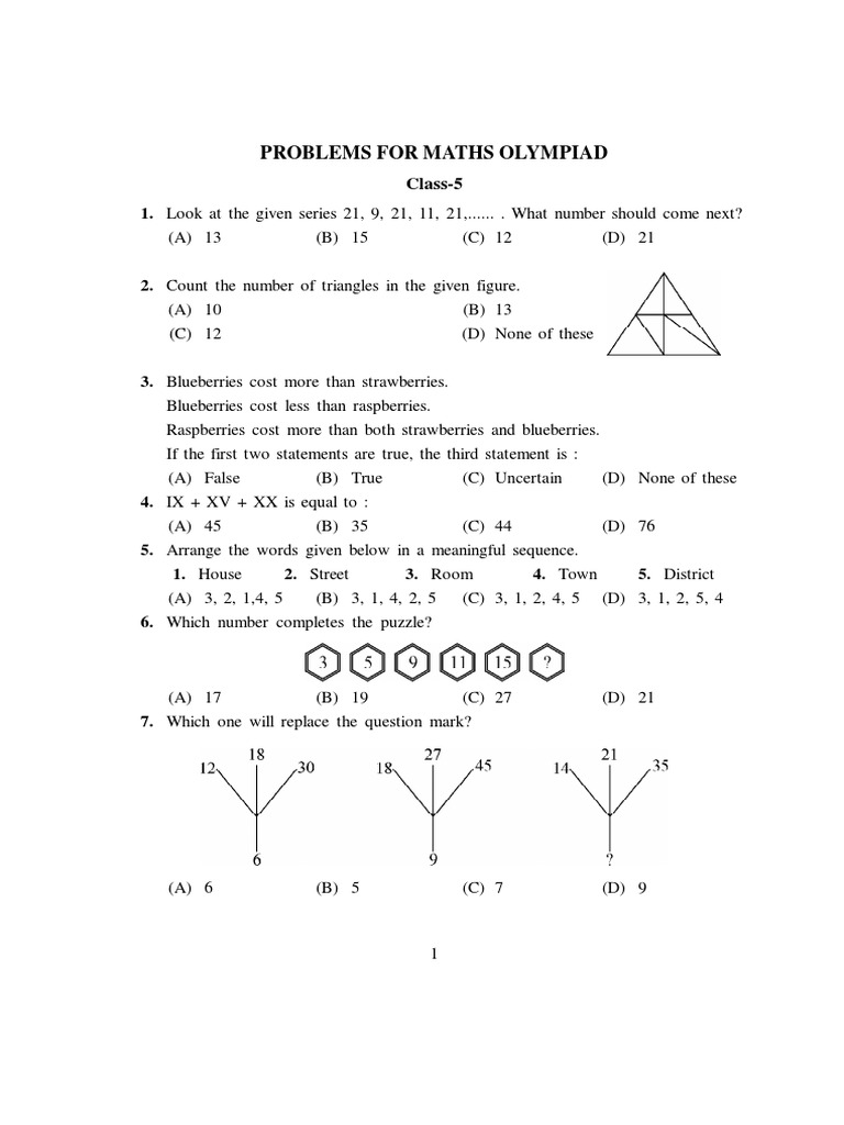 Problems For Maths Olympiad: Class-5 | PDF | Triangle | Rectangle