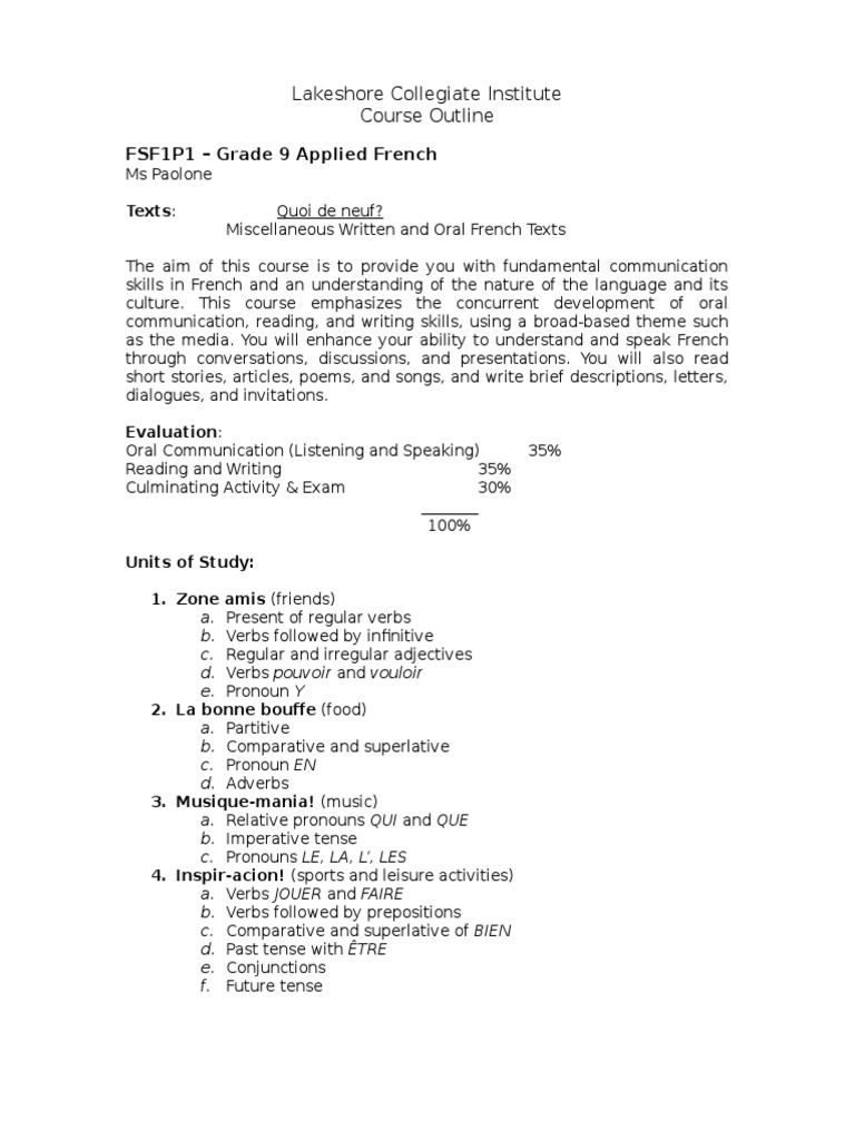 Grade 9 Applied French Course Outline | PDF | Career & Growth