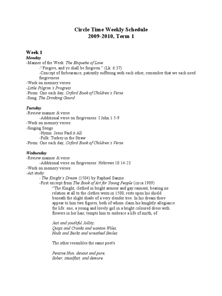 Circle Time Weekly Schedule 2009-2010 Term 1 | PDF | Jesus