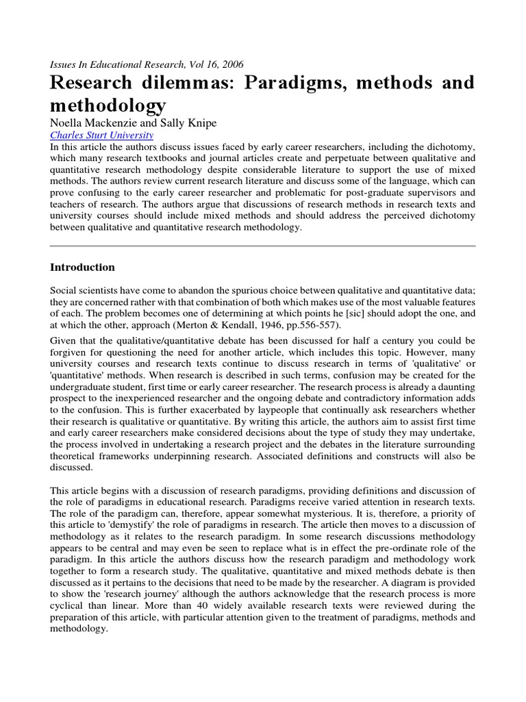 Research Dilemmas: Paradigms, Methods and Methodology: Noella Mackenzie and Sally Knipe | PDF ...