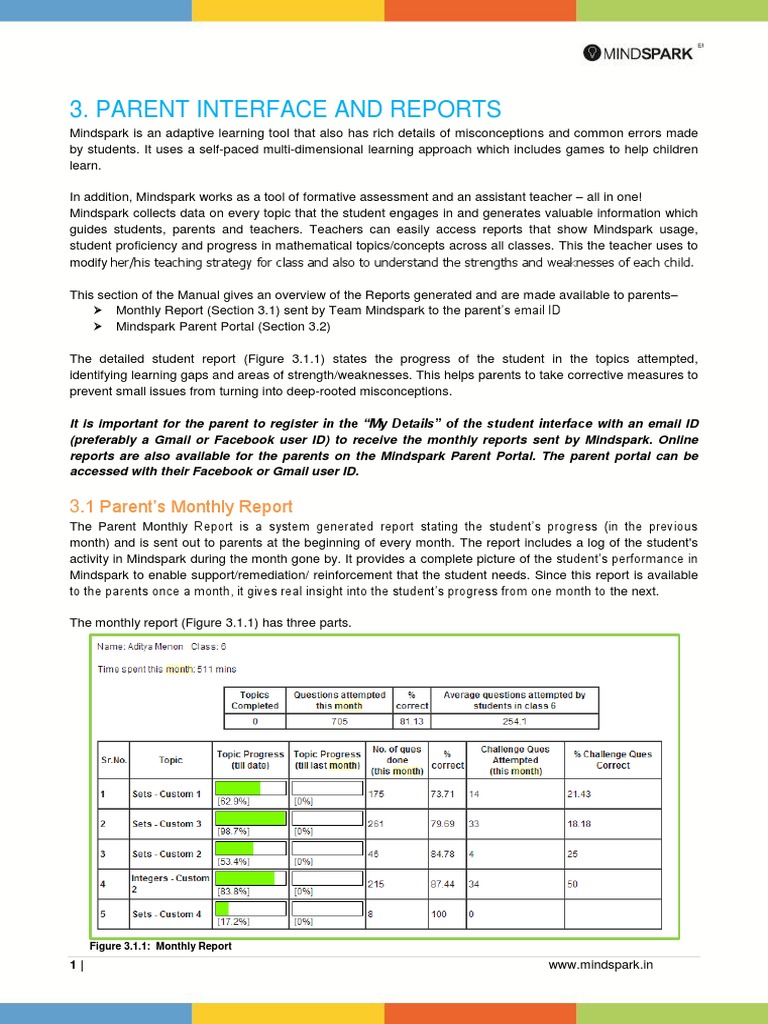 Parent Interface and Reports: 3 .1 Parent's Monthly Report | PDF ...