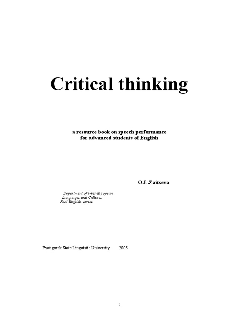 Critical Thinking: A Resource Book On Speech Performance For Advanced ...