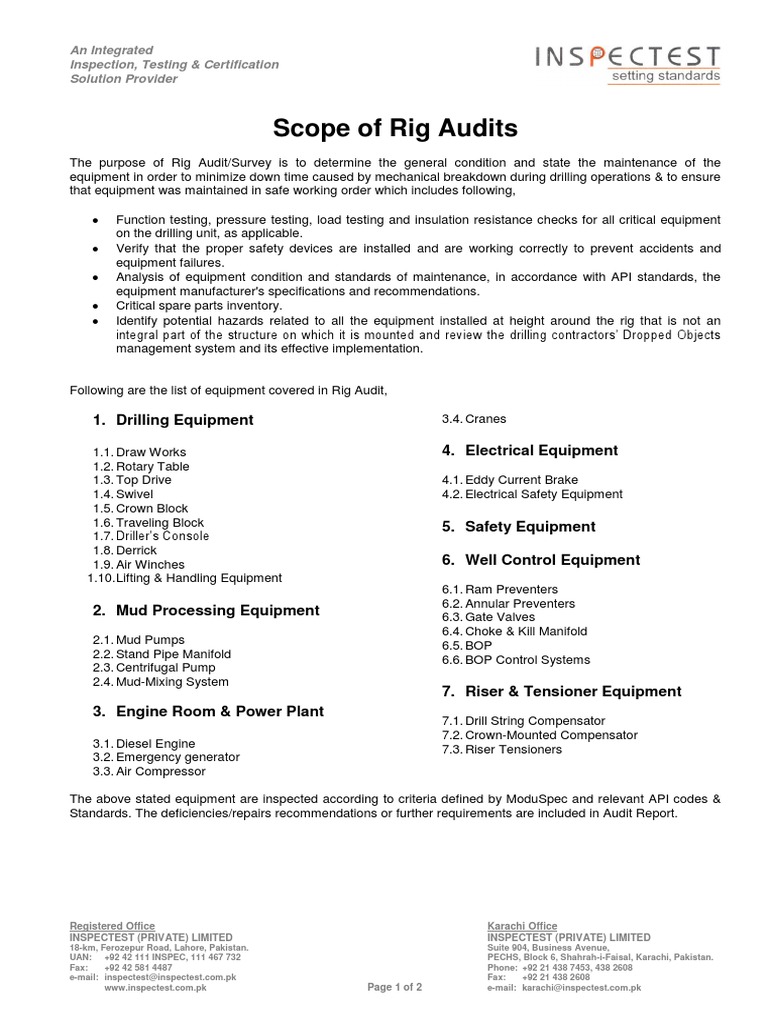 Scope of Rig Audits | PDF | Drilling Rig | Mechanical Engineering