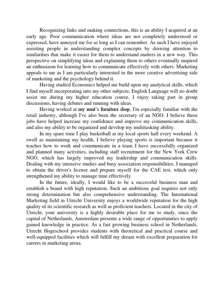 Personal Statement For Marketing | PDF | Teachers | Marketing