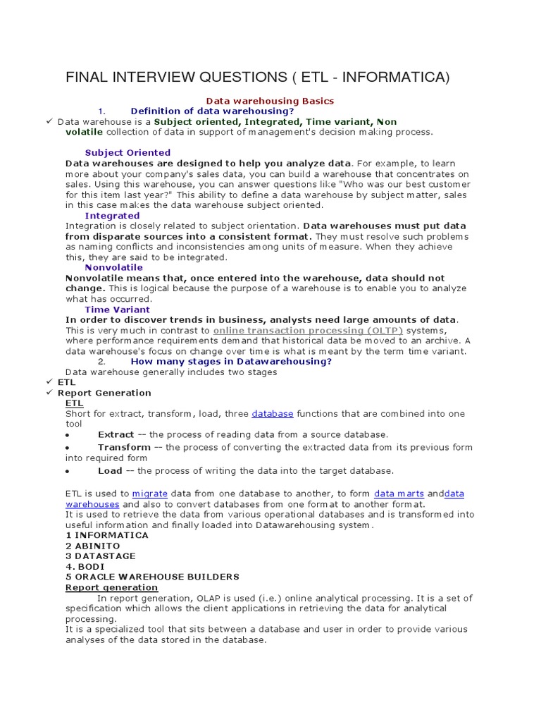 Final Interview Questions (Etl - Informatica) : Subject Oriented ...