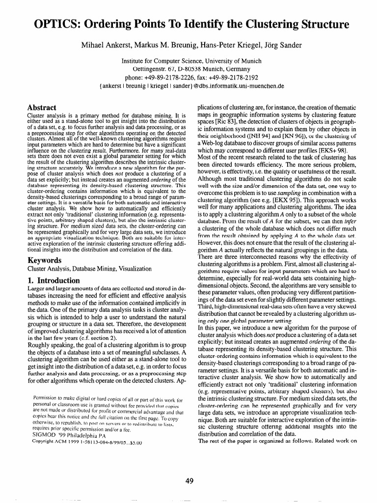 OPTICS: Ordering Points To Identify The Clustering Structure | PDF | Cluster Analysis | Algorithms