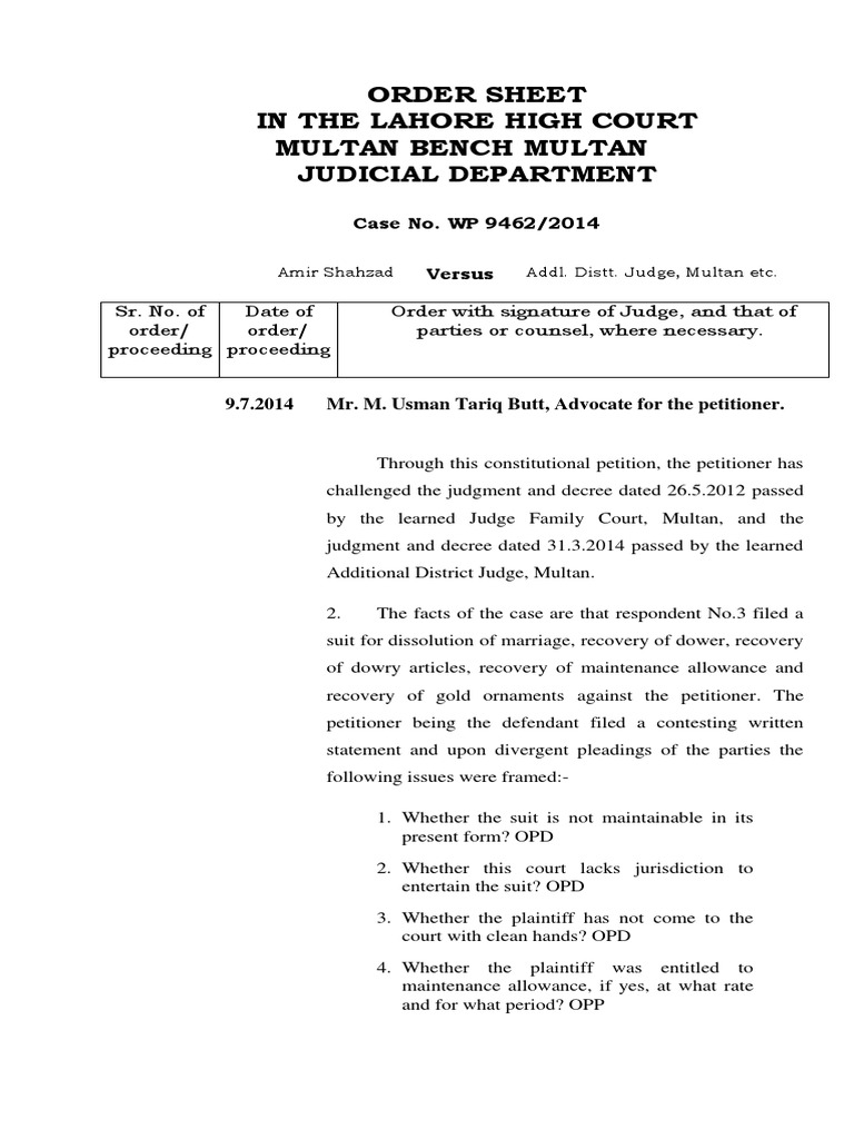 Order Sheet in The Lahore High Court Multan Bench Multan Judicial ...