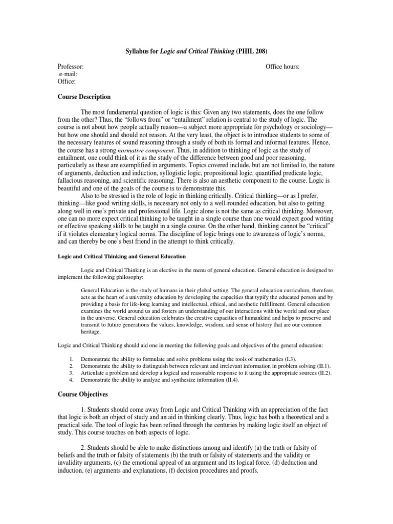 Logic and Critical Thinking Syllabus | PDF | Logic | Argument