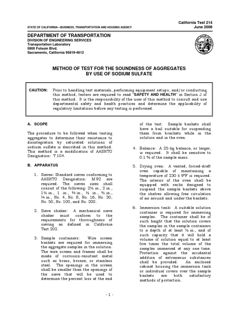 CT - 214june08 Soundness CA DOT AASHTO T104 Modified | PDF | Percentage ...
