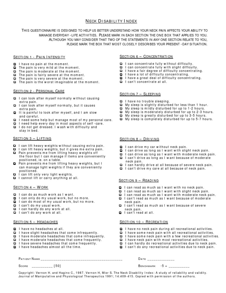 Neck Disability Index | PDF | Pain | Sleep
