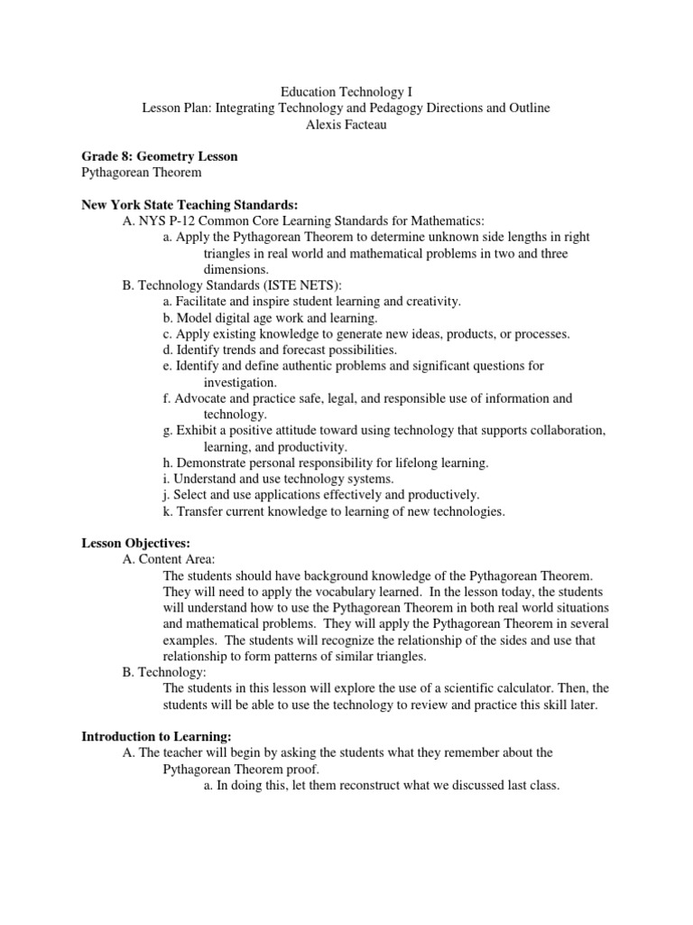 Pythagorean Theorem Integrated Lesson Plan | PDF | Lesson Plan | Learning