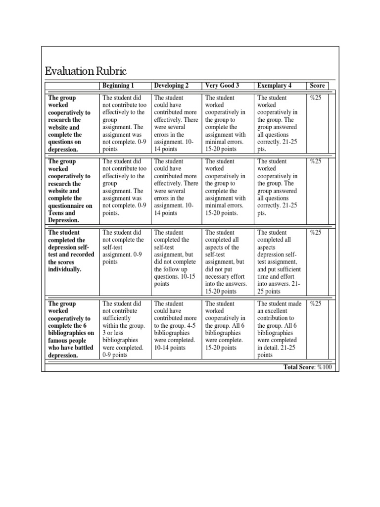 Evaluation Rubric Depression | PDF