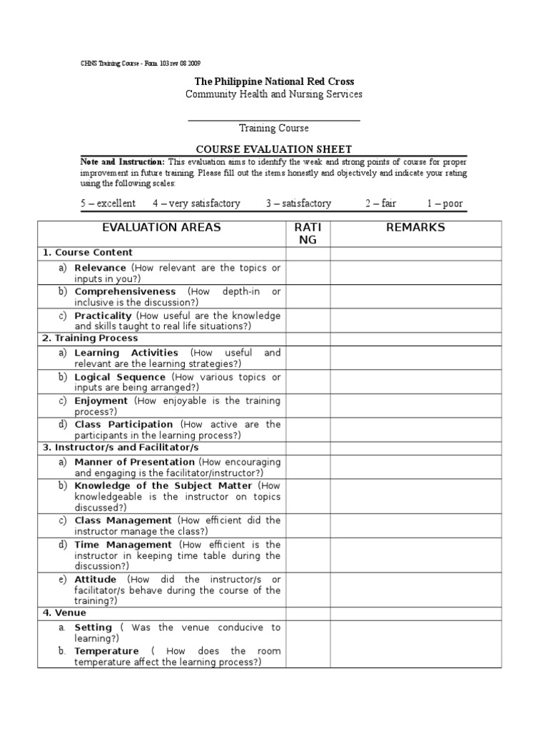 CHNS Training Course Evaluation Sheet | PDF