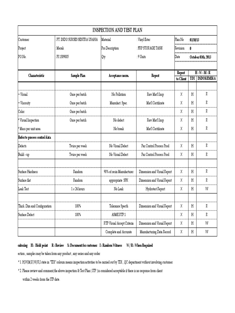 Inspection Test Plan (Itp) | PDF