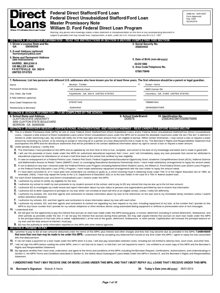 Federal Direct Stafford/Ford Loan Federal Direct Unsubsidized Stafford ...